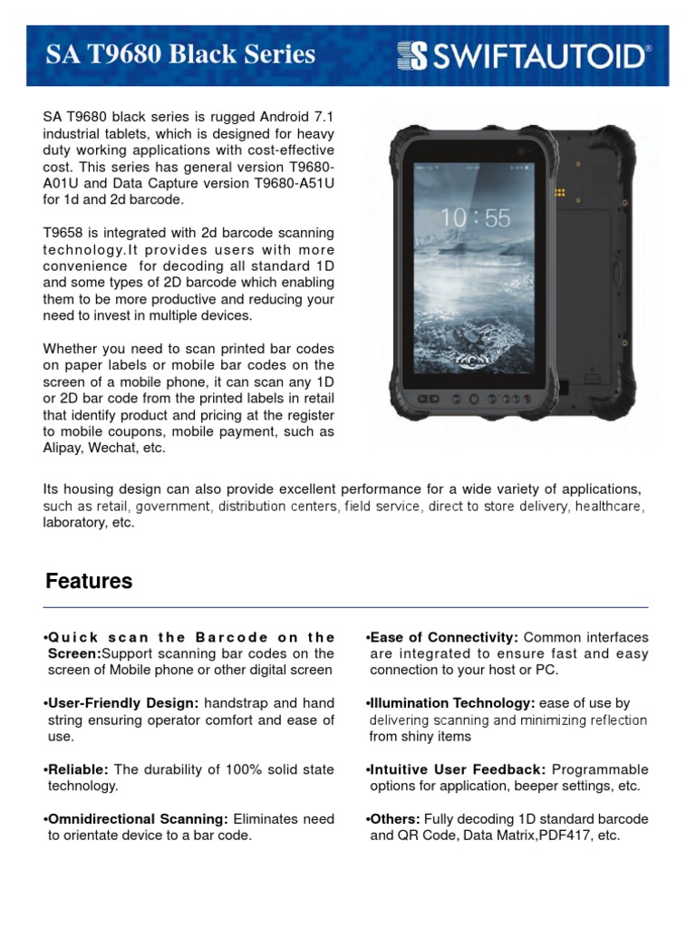 Swiftautoid SA T9680 Black Series 2D Imager Andriod Industrial Tablet ...