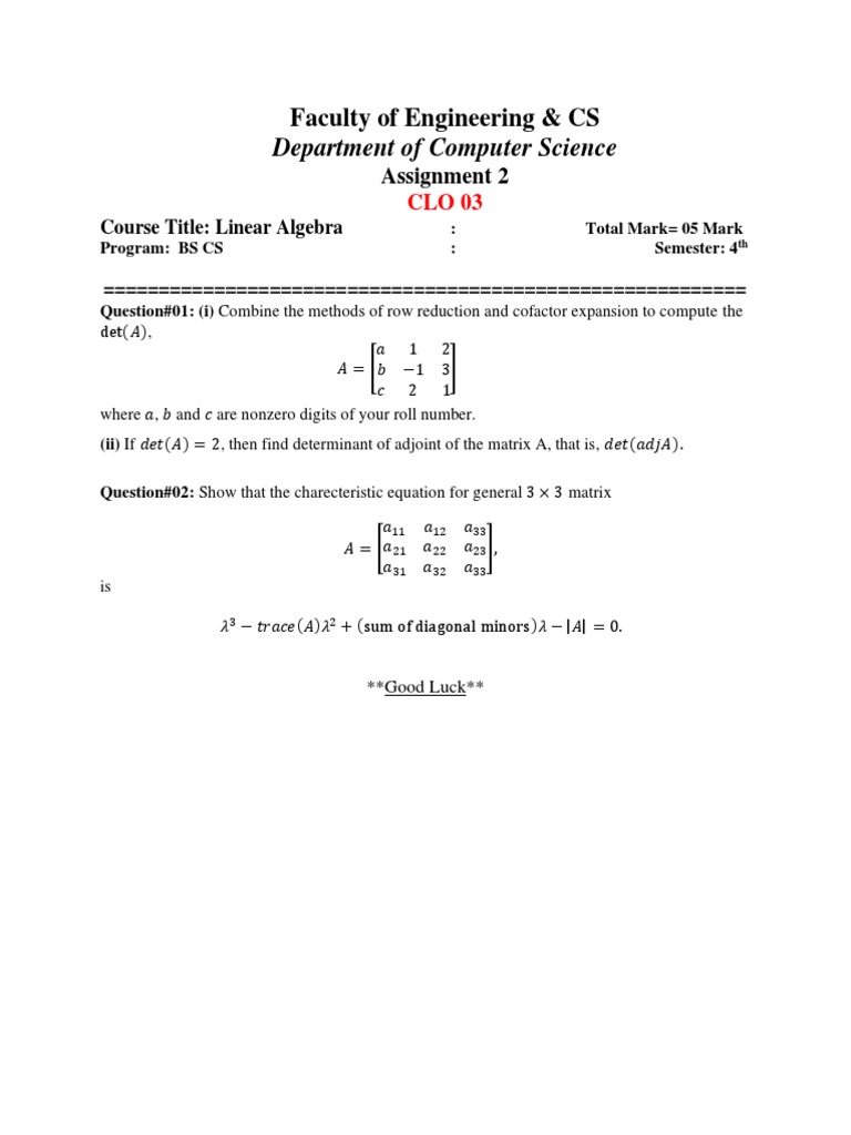 F22 - Linear Algebra Assignment 2 | PDF