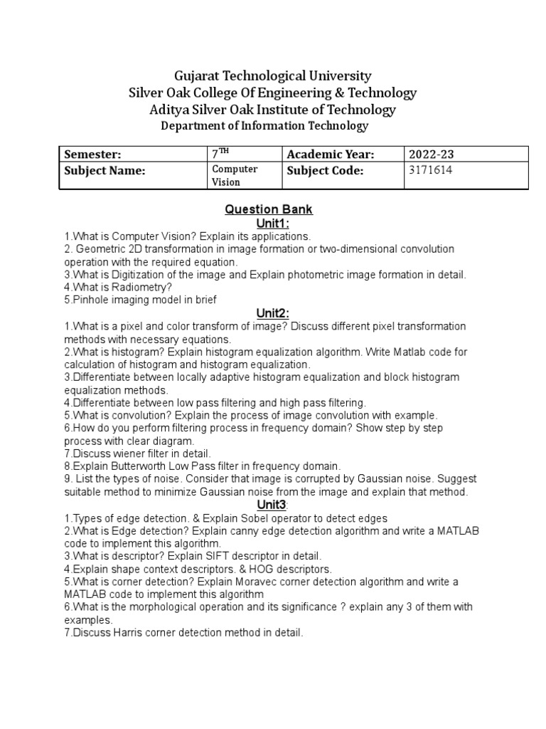 Question Bank of Computer Vision | PDF | Image Segmentation | Cybernetics