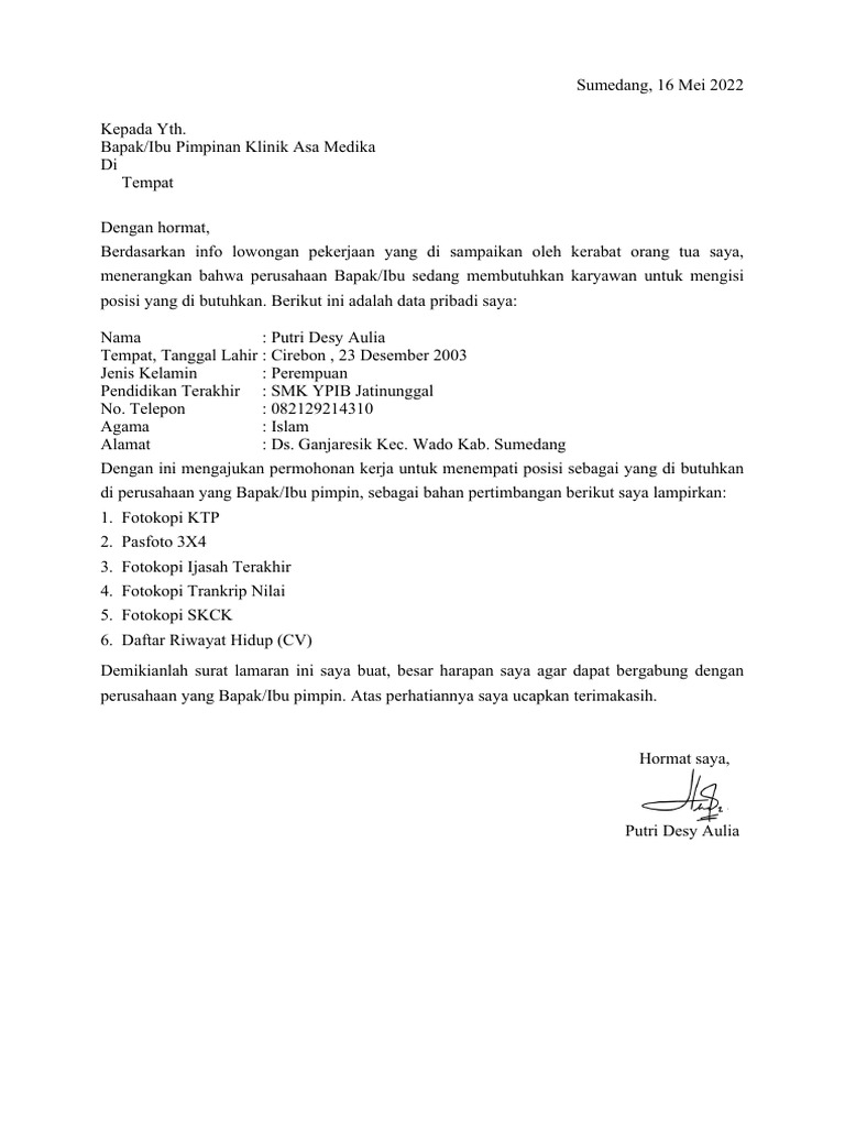 Surat Lamaran Kerja Putri Desy Aulia | PDF