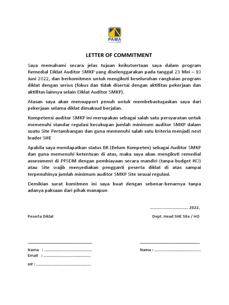 LETTER OF COMMITMENT Remedial Diklat Audit SMKP 2022 | PDF