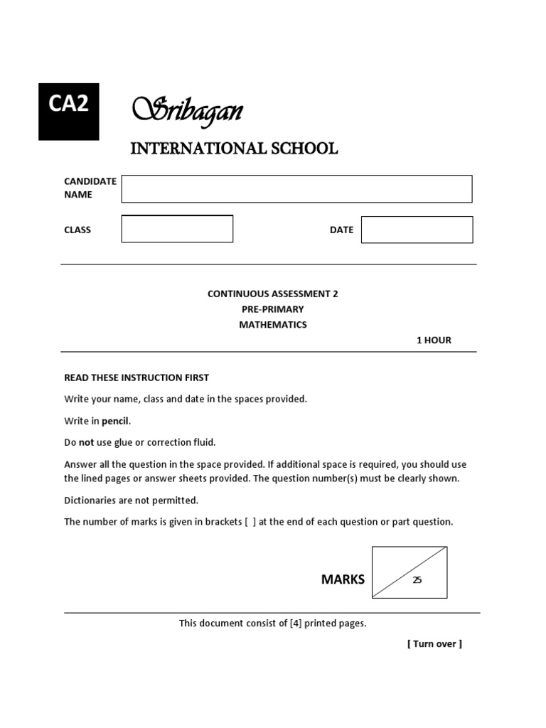 CA 2 - Maths - Pre Primary 1 | PDF