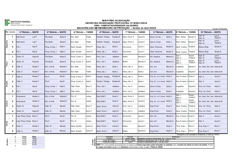 Quadro de Horários - 2022.2 - ENGPROD - 09092022 | PDF