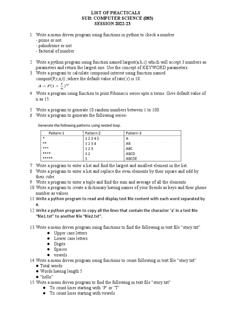 List Of Practicals 2022 23 Class Xii Cs Pdf Computing Computer Programming 8993
