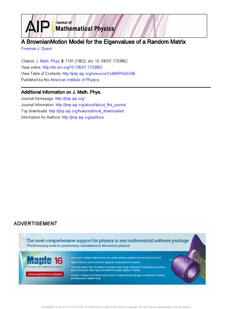 Dyson 1962 | Download Free PDF | Matrix (Mathematics) | Eigenvalues And ...