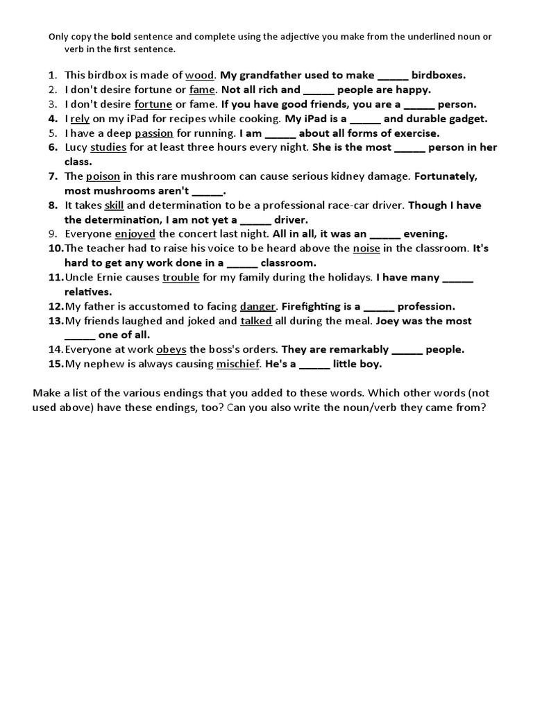 Adjective Completion Exercise | PDF | Language Arts & Discipline | Foreign Language Studies