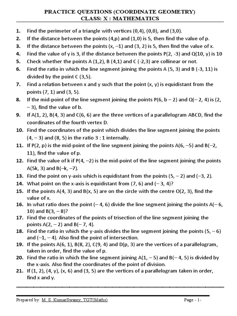 Class 10 Coordinate Geometry Practice | PDF | Line (Geometry ...