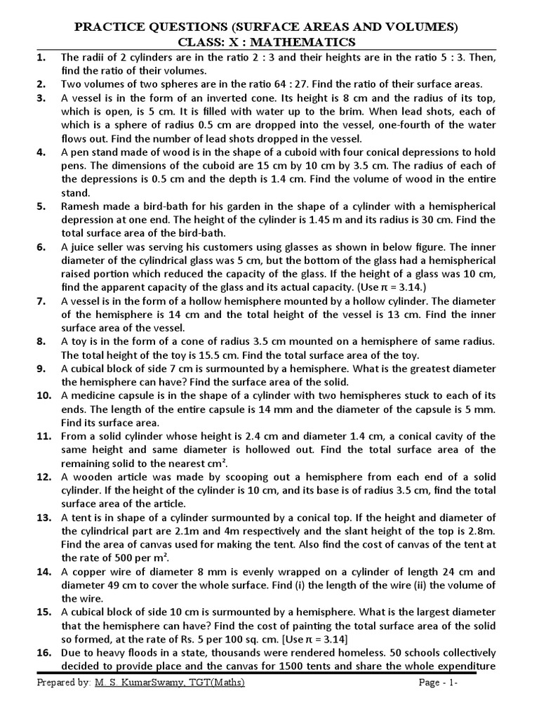 Practice Questions Surface Areas and Volumes Class X | PDF | Sphere ...