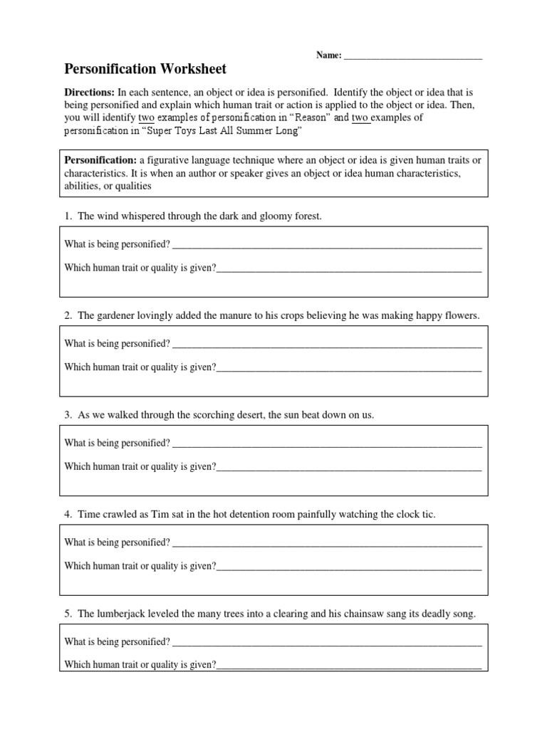English 265c Personification-Worksheet | PDF | Anthropomorphism