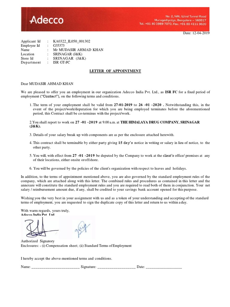 Appointment Letter Mudasir | PDF | Intellectual Property | Employment