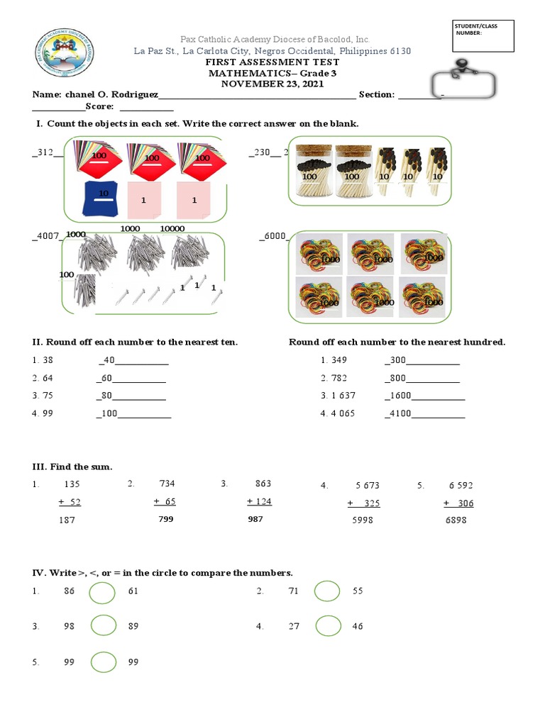 Grade 3 Math Assessment Test 2021 | PDF
