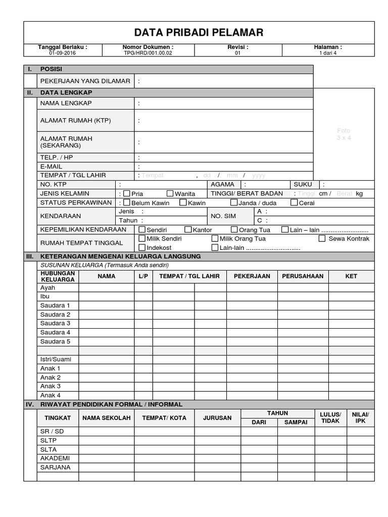 Formulir Data Pribadi Pelamar TPA | PDF