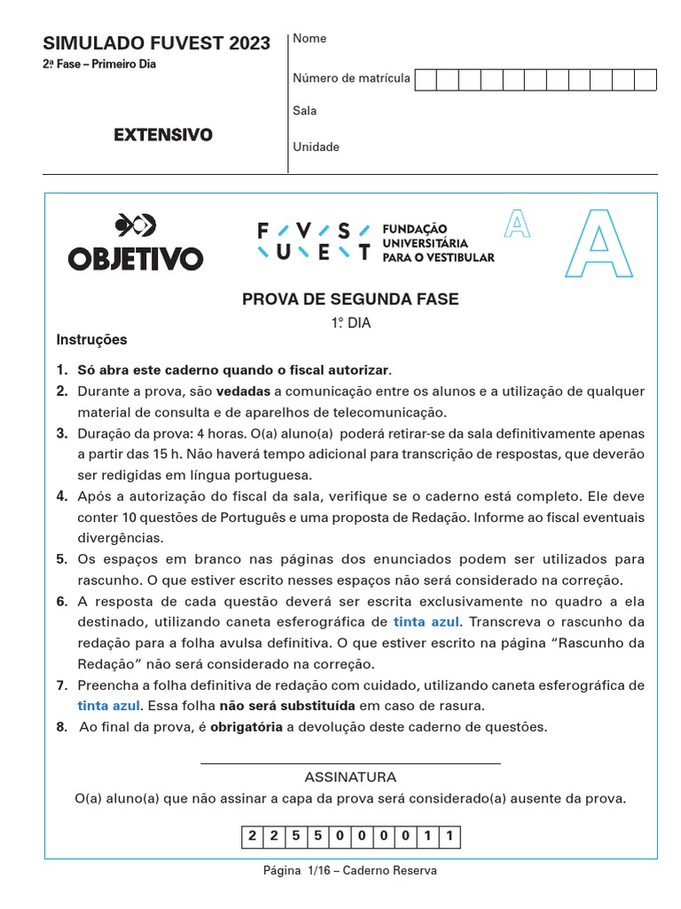 Simulado Fuvest 2fase Prova 1dia Extensivo | PDF | Burnout ocupacional