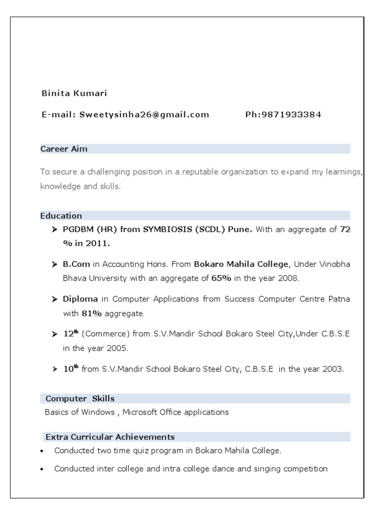 Resume of Binita Kumari seeking a challenging position in human resources with experience ...