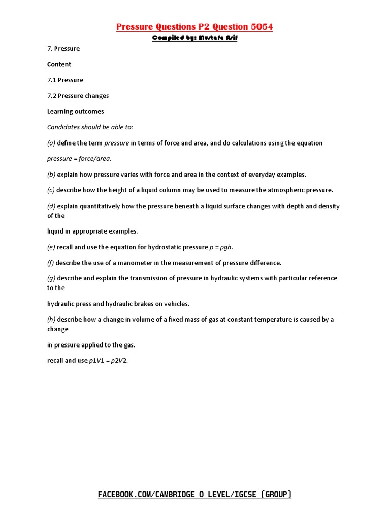 Worksheet O Levels Physics Pressure | Download Free PDF | Pressure | Force