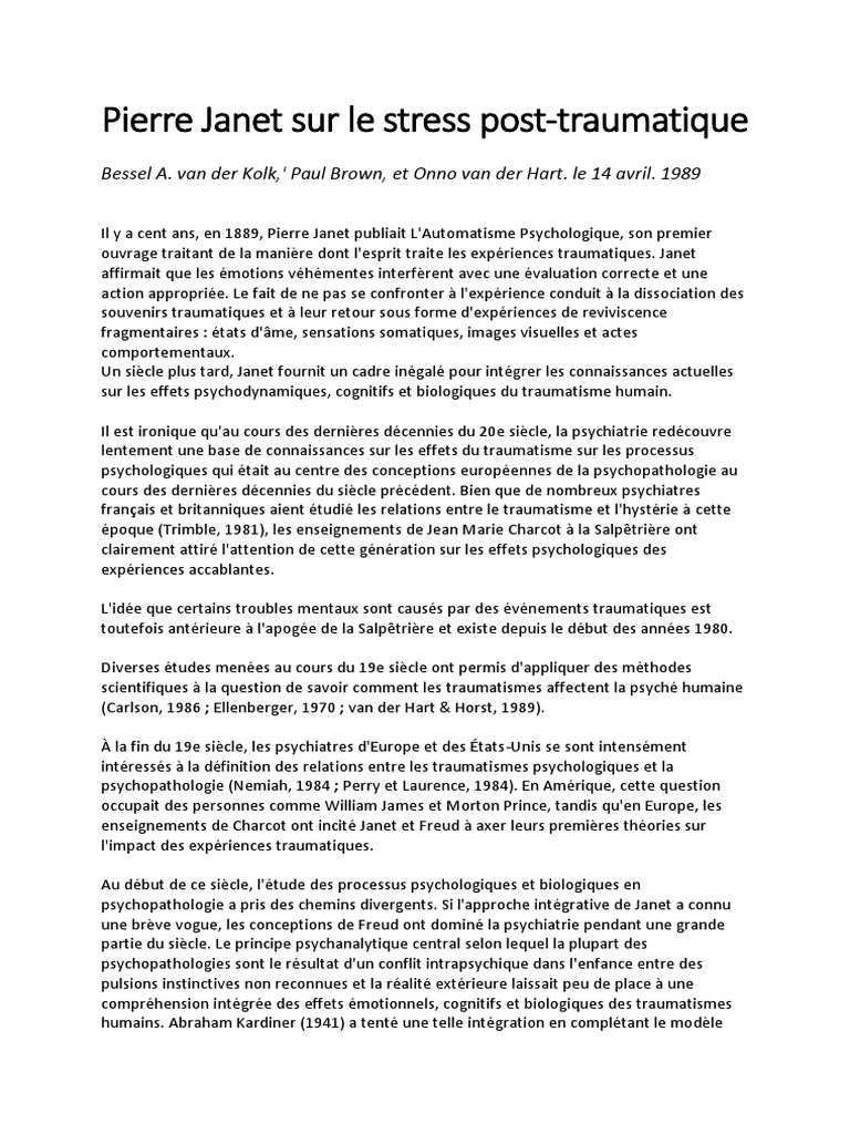 Pierre Janet Sur Le Stress Post | PDF | Traumatisme psychologique ...