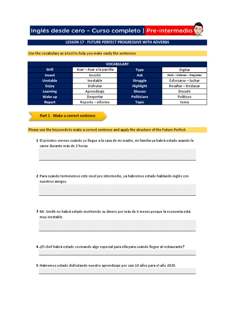 Lesson 17 - Futuro Perfecto Progresivo - Estructura | PDF | Cocinando