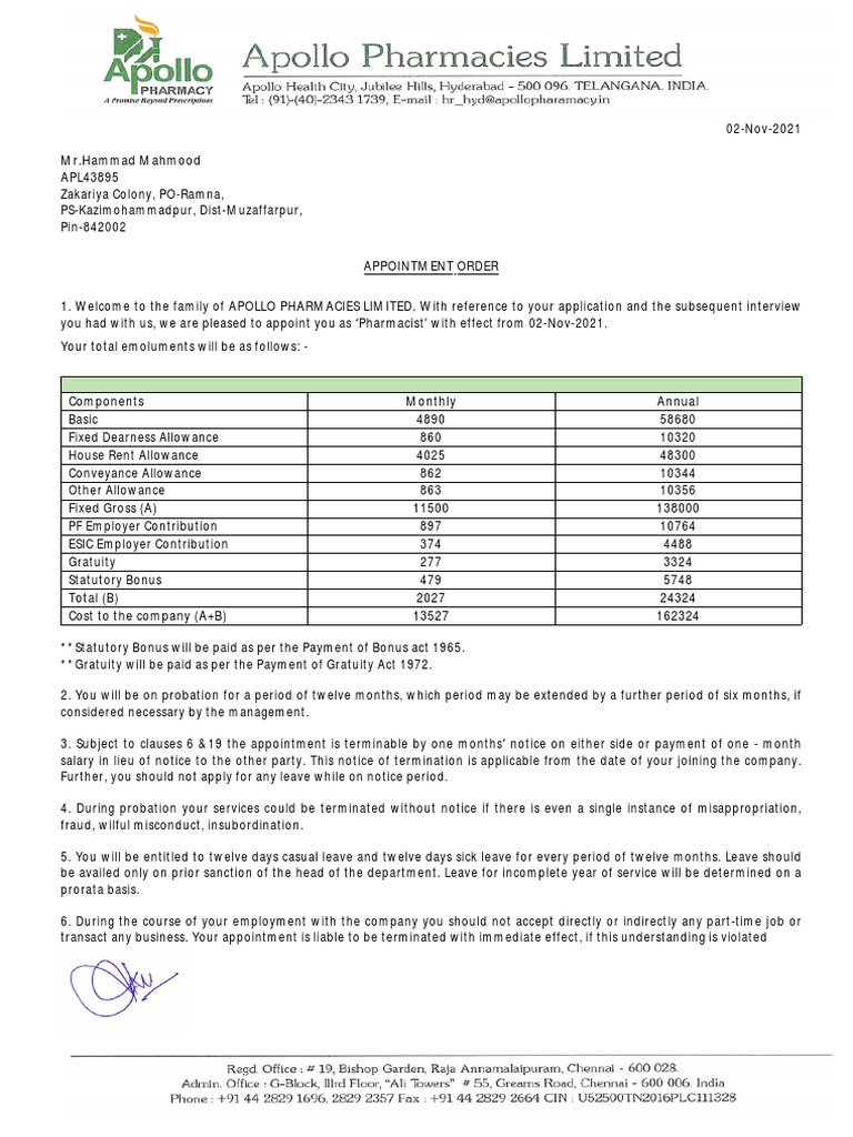 Apollo Pharmacy Appointment Order | PDF | Employment | Government