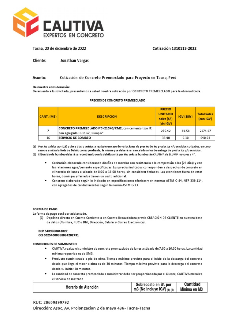Cotizacion Concreto Jonathan Vargas | PDF | Hormigón