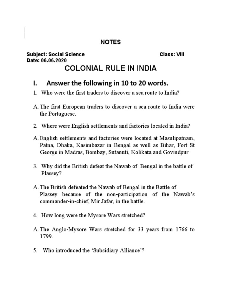 q a on Colonial Rule. Class 8 (1) | PDF | South Asia | British India
