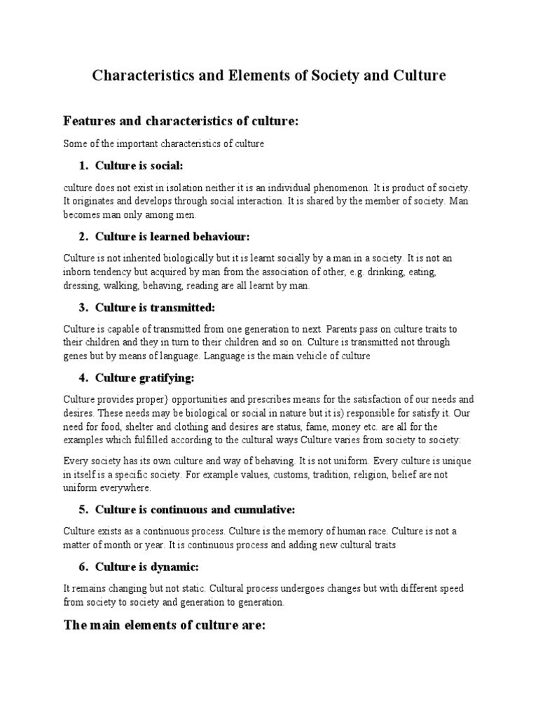 Characteristics and Elements of Society and Culture1 | PDF | Society ...