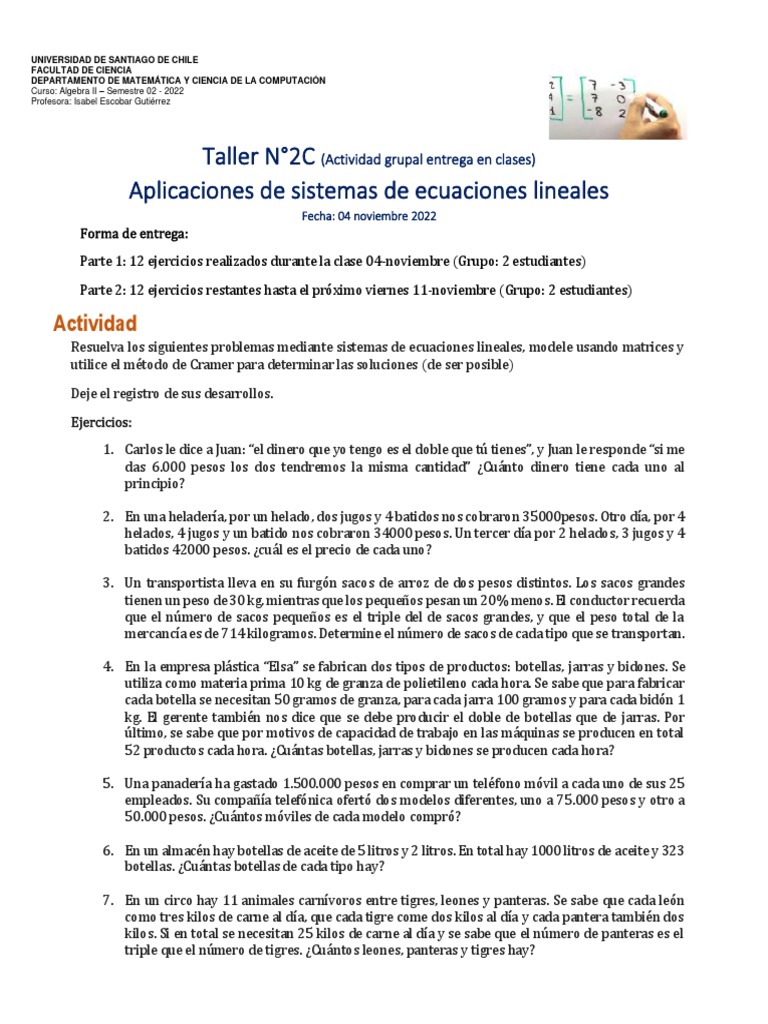 TALLER N°2C_Aplicacion de sistemas de ecuaciones lineales_2 | PDF ...