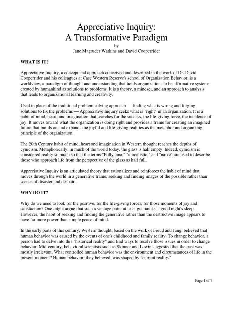 APPRECIATIVE INQUIRY Transformative Paradigm | PDF | Placebo | Mind