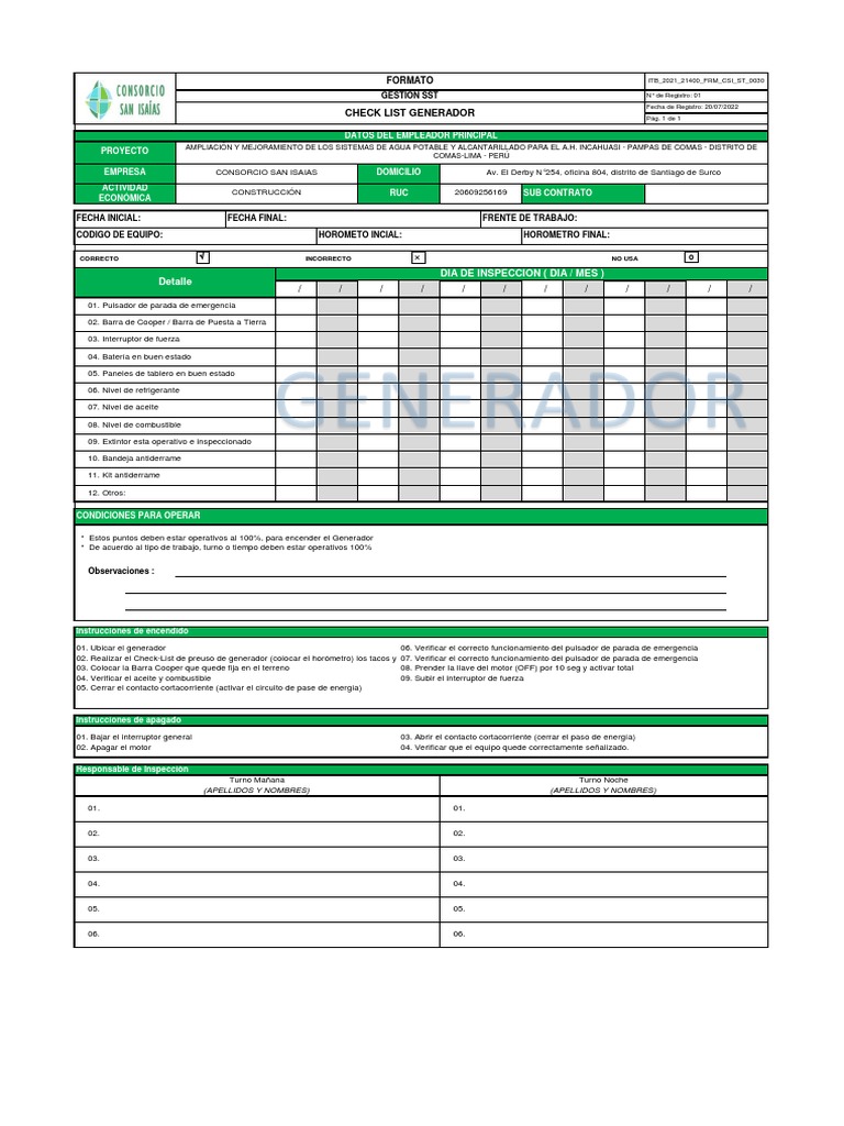 ITB - 2021 - 21400 - FRM - CSI - ST - 0030 Check List de Generador | PDF