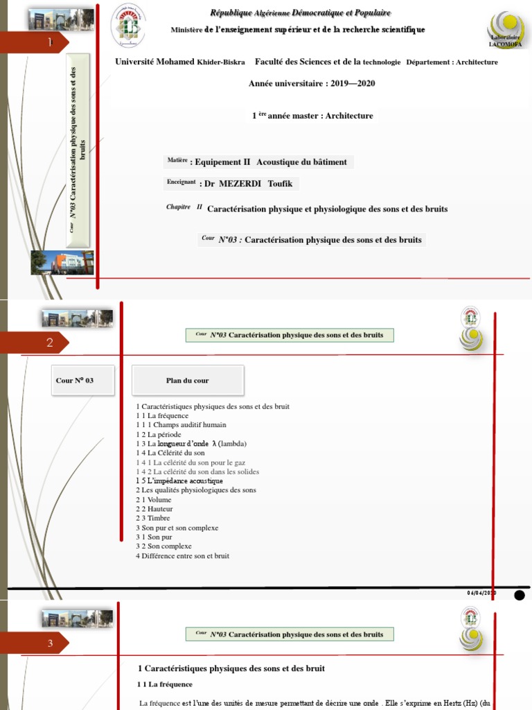 Cour # Caractérisation Physique Des Sons Et Des Bruits | PDF | Son | Fréquence