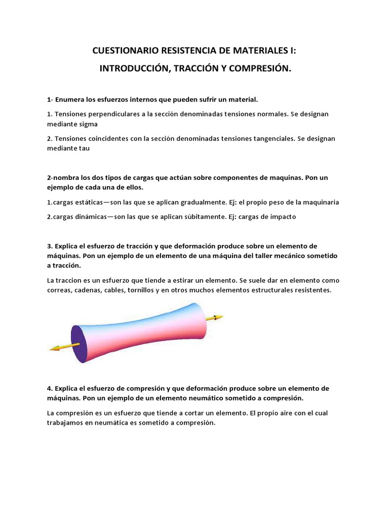 Cuestionario Resistencia de Materiales 1 | PDF | Estrés (Mecánica) | Resistencia de materiales
