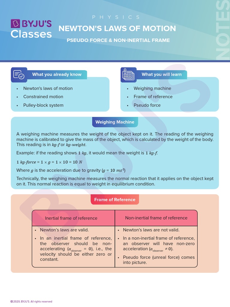 Pseudo Force & Non-Inertial Frame | PDF | Weight | Force