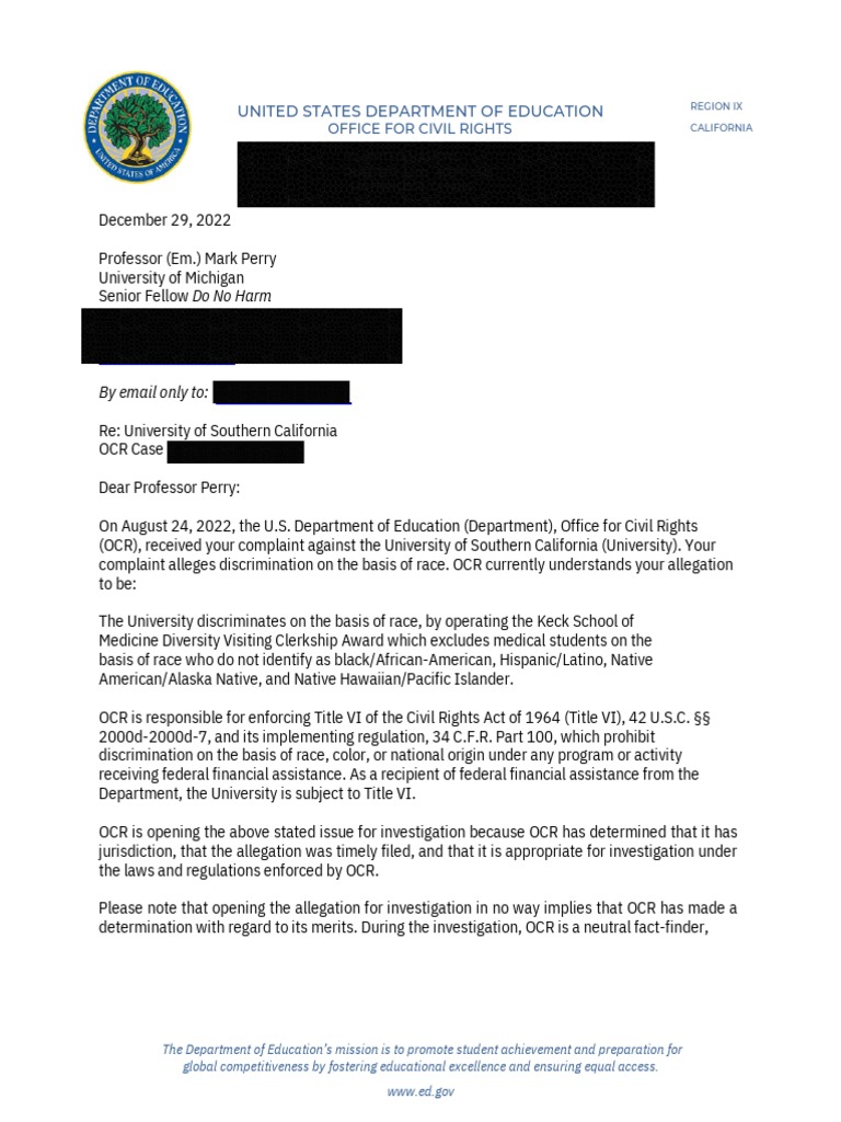 OCR Investigation Into USC | PDF | Mediation | Complaint