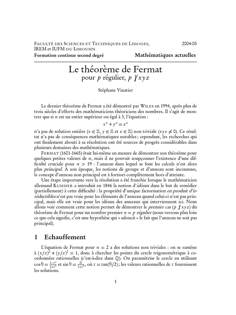 Dernier théorème de Fermat expliqué | PDF | Corps commutatif | Nombre ...