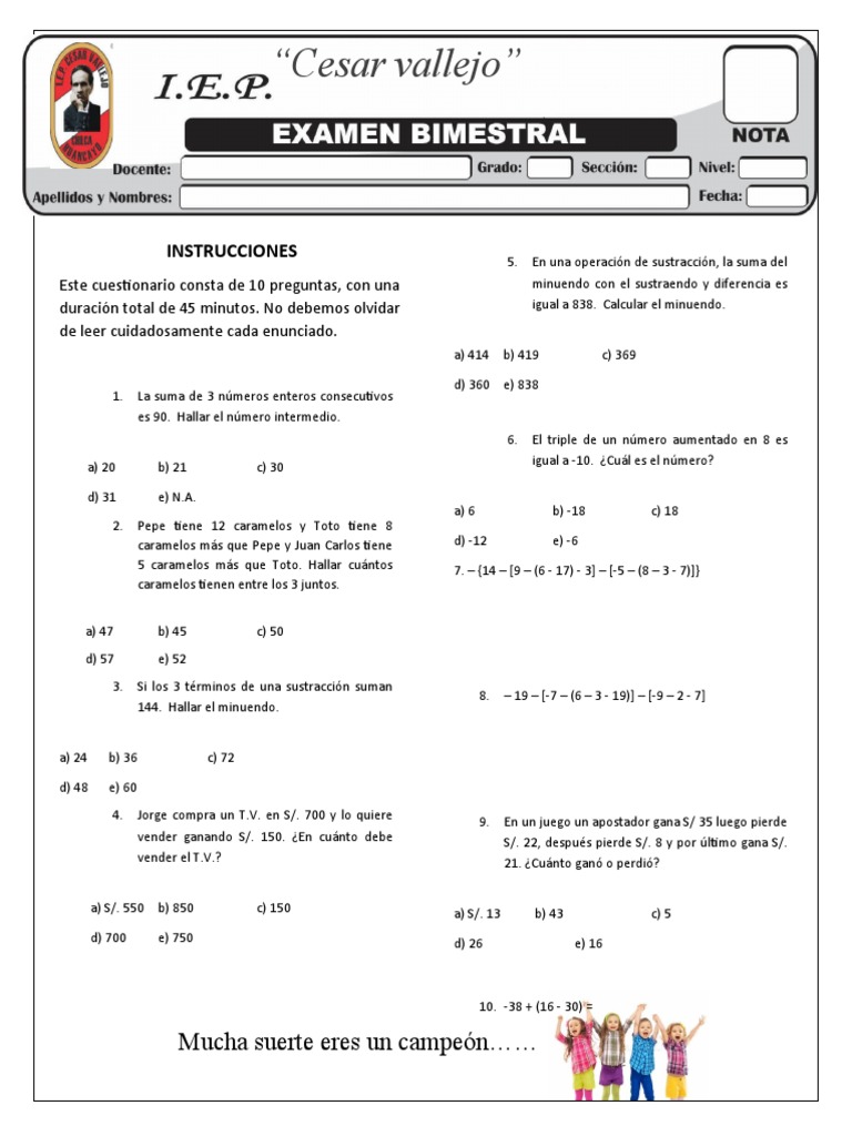 Examen Bimestral de Aritmetica | PDF | Sustracción