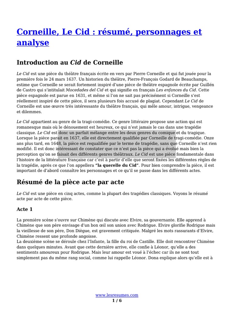Corneille Le Cid Resume Personnages Et Analyse | PDF