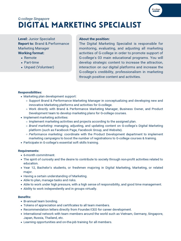 Digital Marketing Specialist Role at G-college | PDF | Mentorship ...
