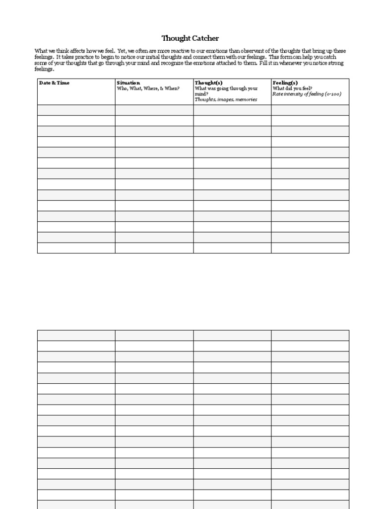 Thought Catcher: Noticing the Connection Between Thoughts and Feelings ...