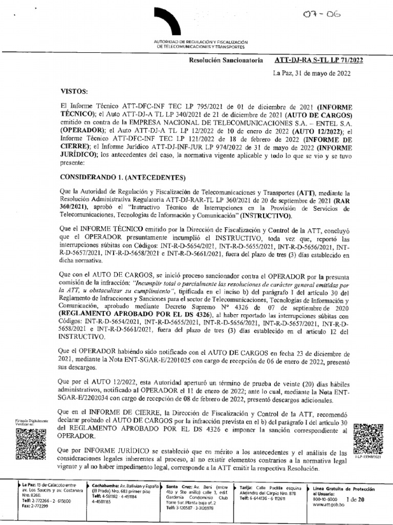 Att-Dj-Ra S-TL LP 0071 - 2022 Entel | PDF | Regulación | Multa (pena)