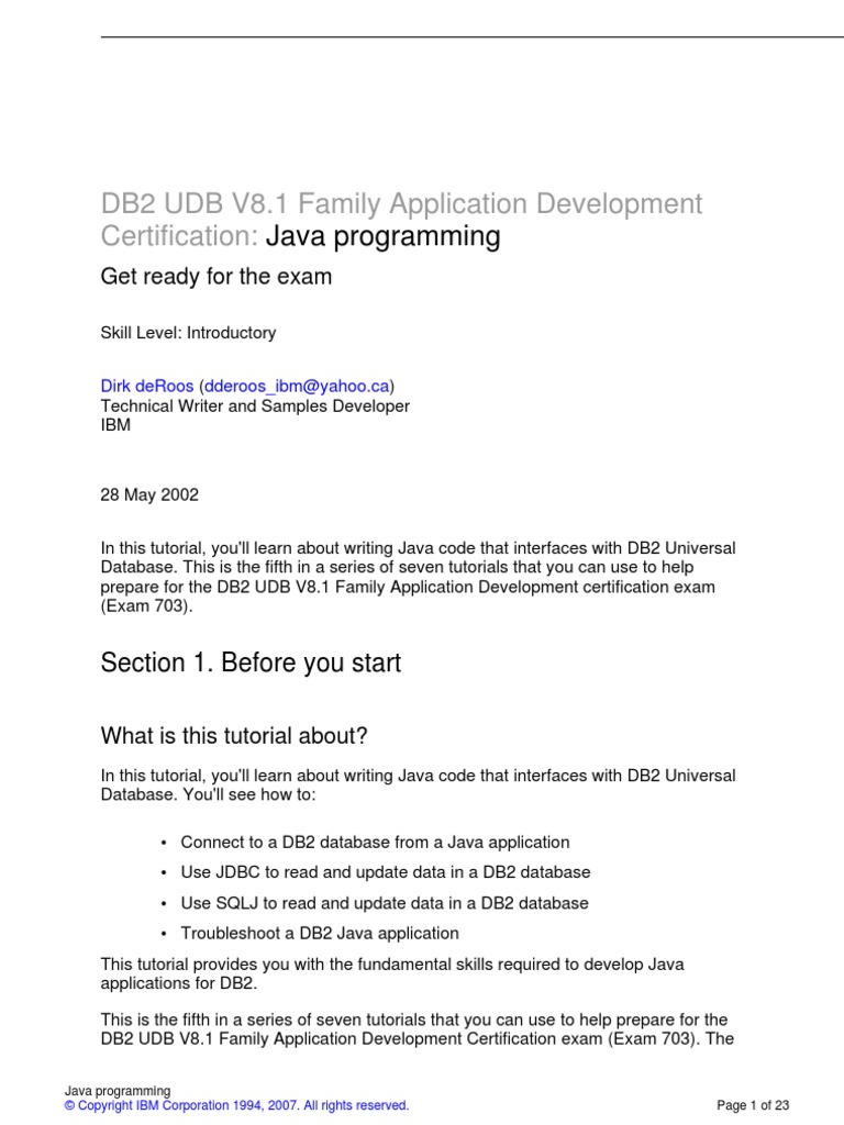 DB2 UDB V8.1 Family Application Development Certification:: Java Programming | PDF | Ibm Db2 | Sql