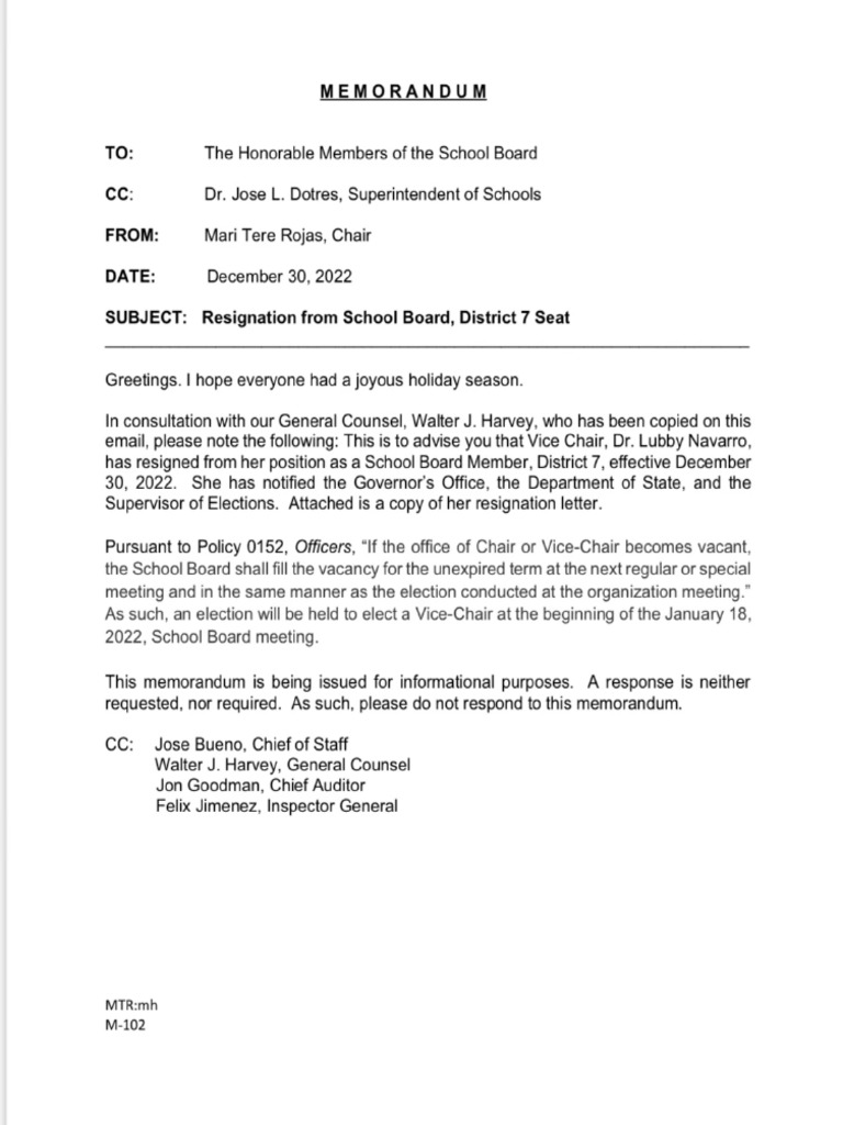Lubby Navarro Miami-Dade School Board Resignation Letter | PDF