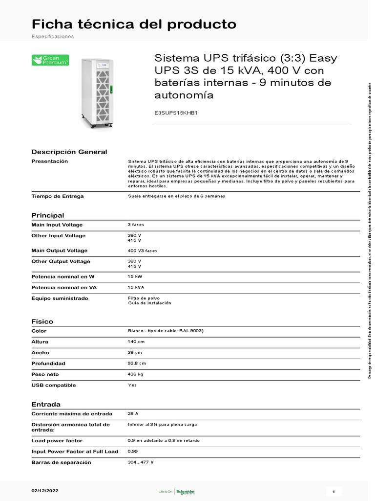 Ficha Tecnica Ups - Easy Ups 3s - E3sups15khb1 | PDF | Ingenieria Eléctrica | Cantidades fisicas