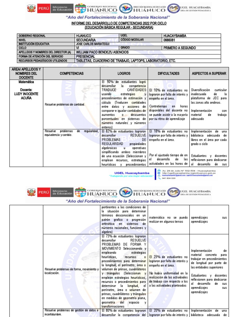 Informe Del Desarrollo de Las Competencias - EBR-Secundaria | PDF | Aprendizaje | Segundo lenguaje