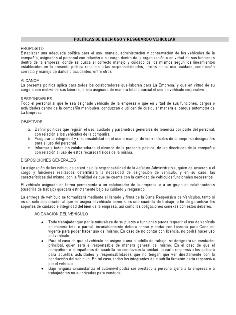 Politicas de Buen Uso y Resguardo Vehicular | PDF | Póliza de seguros | Business