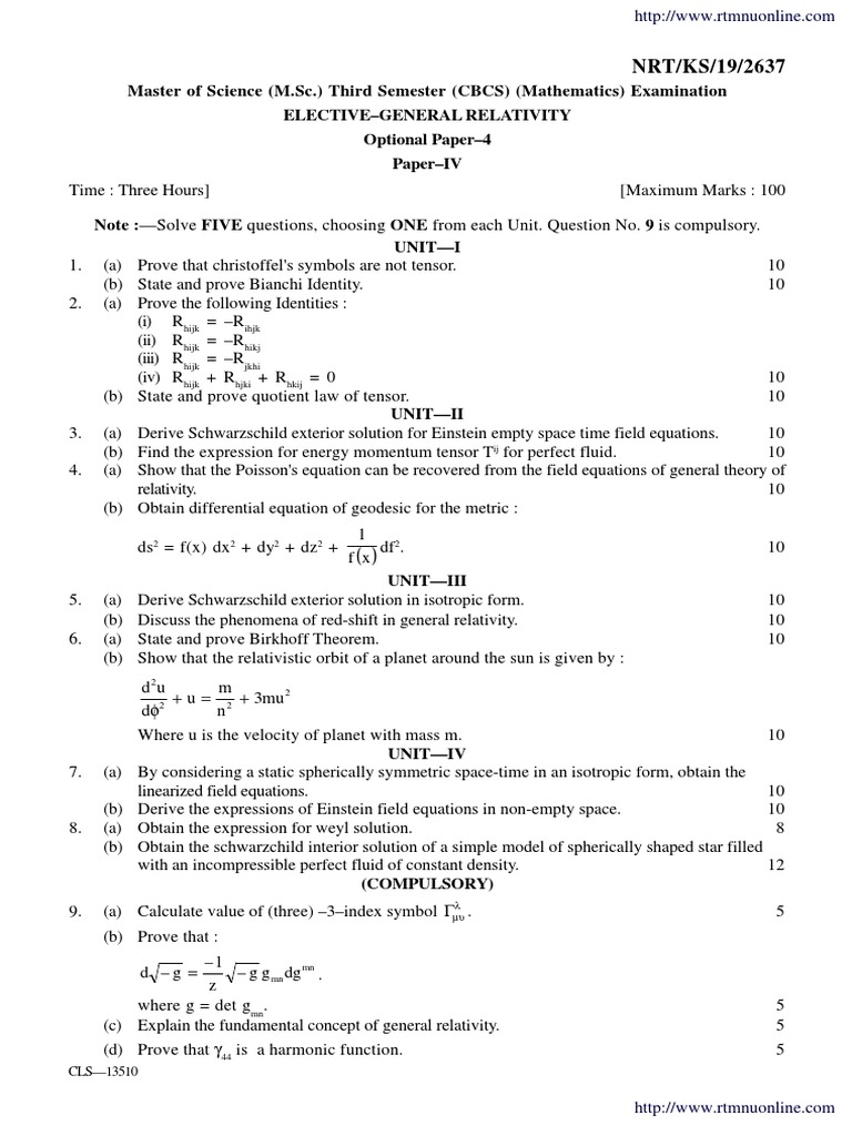 MSC 3 Sem Mathematics General Relativity 2637 Summer 2019 | PDF ...