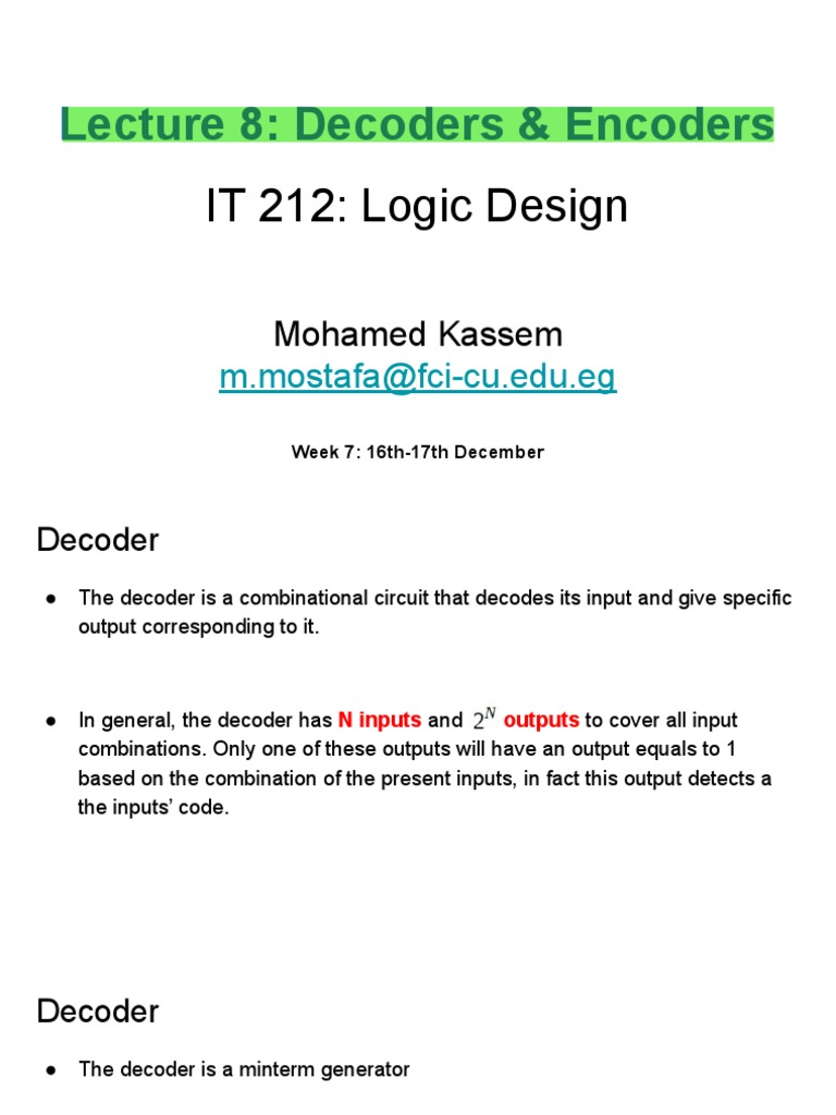 Logic Design: Decoders & Encoders | PDF | Encodings | Electronics
