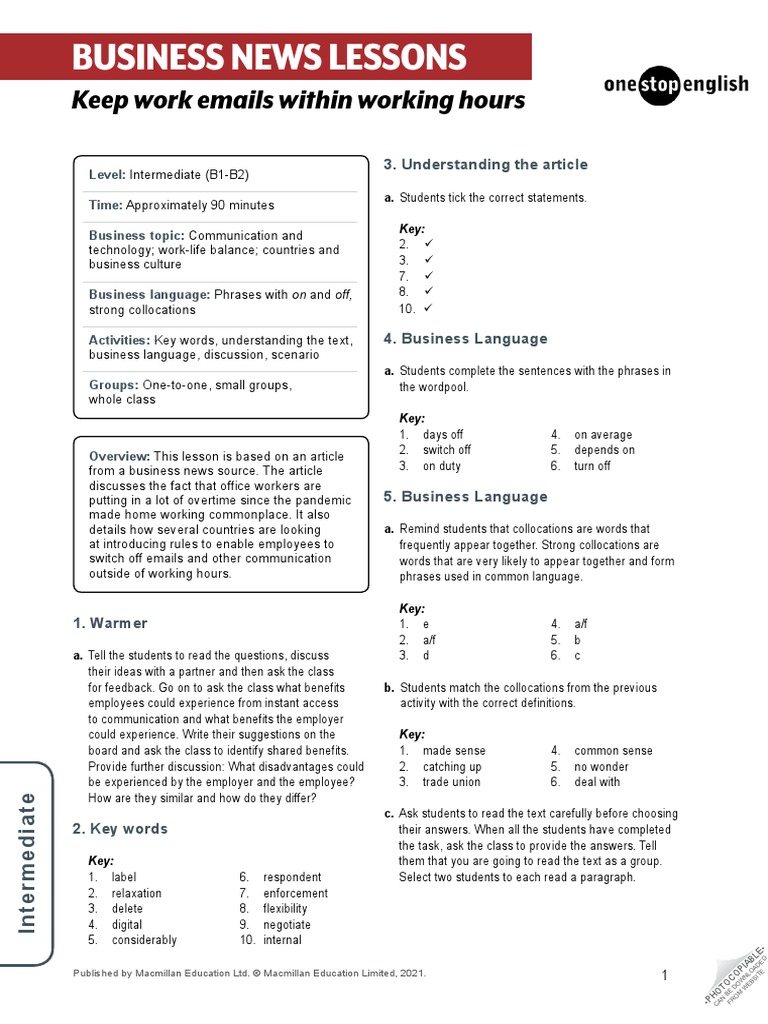 Business News Lesson Work Emails Within Working Hours Intermediate ...