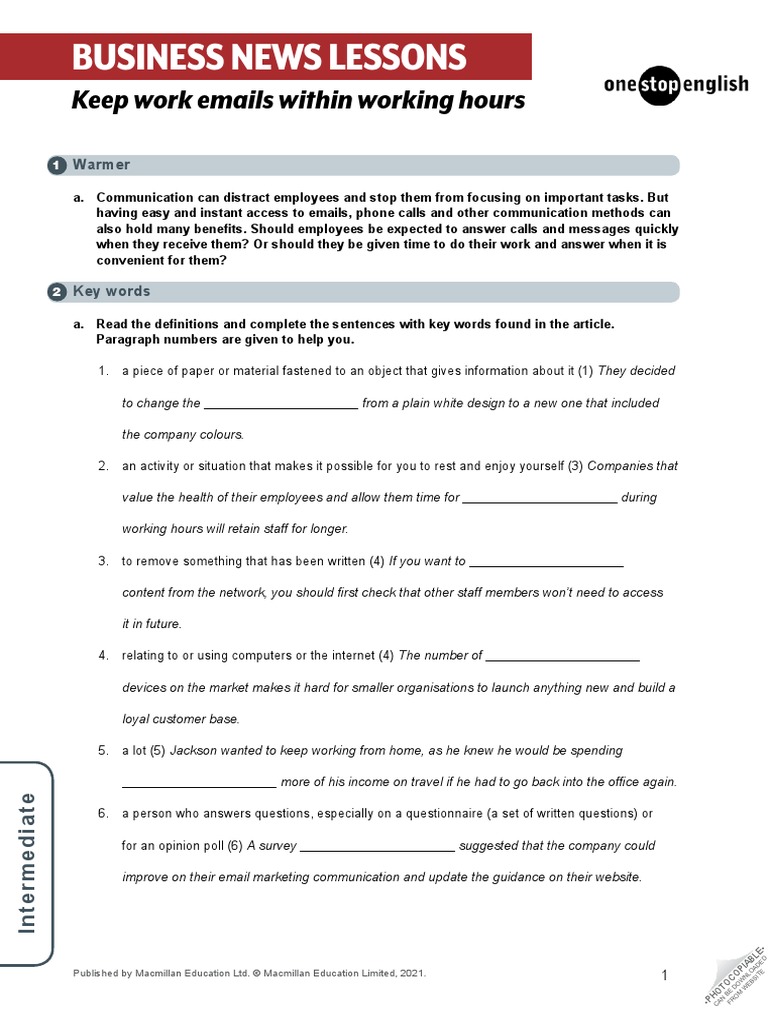 Business News Lesson Work Emails Within Working Hours Intermediate ...