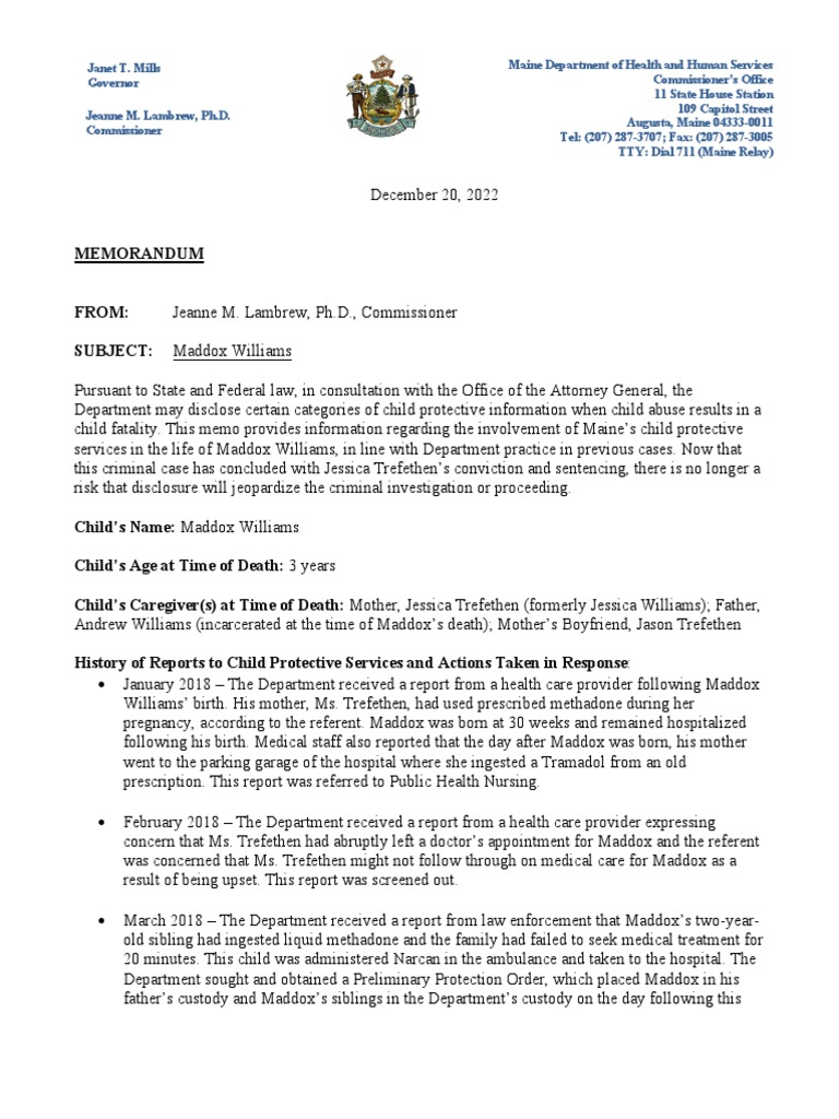 Memo - Maddox Williams 12-2022 | PDF | Legal Guardian | Child Abuse