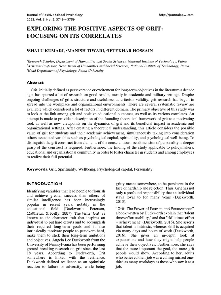 Grit and Positive Educational Outcomes | PDF | Grit (Personality Trait ...