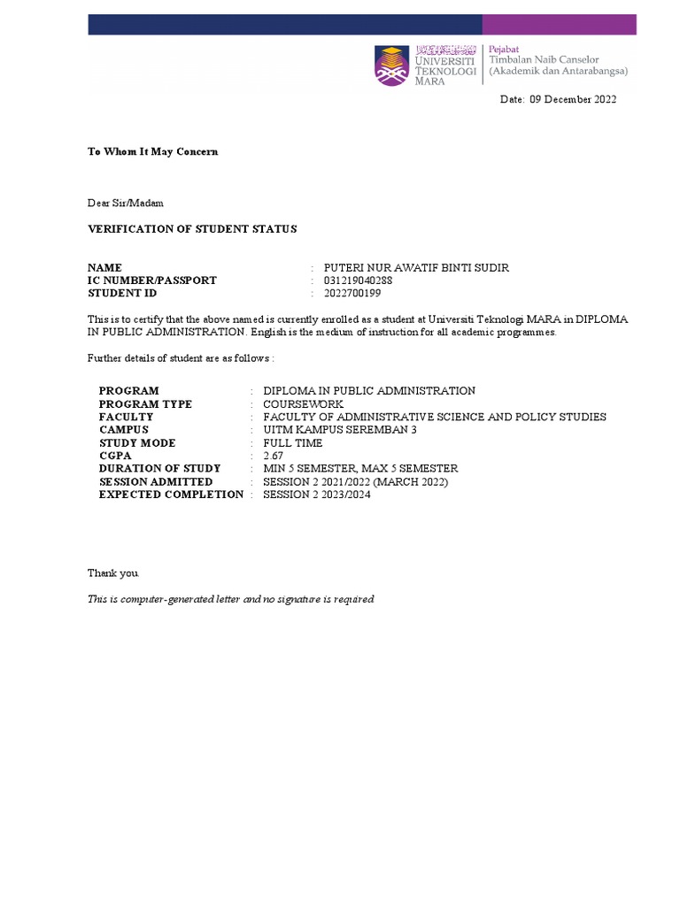 Surat Pengesahan Pelajar UITM | PDF | Finance & Money Management